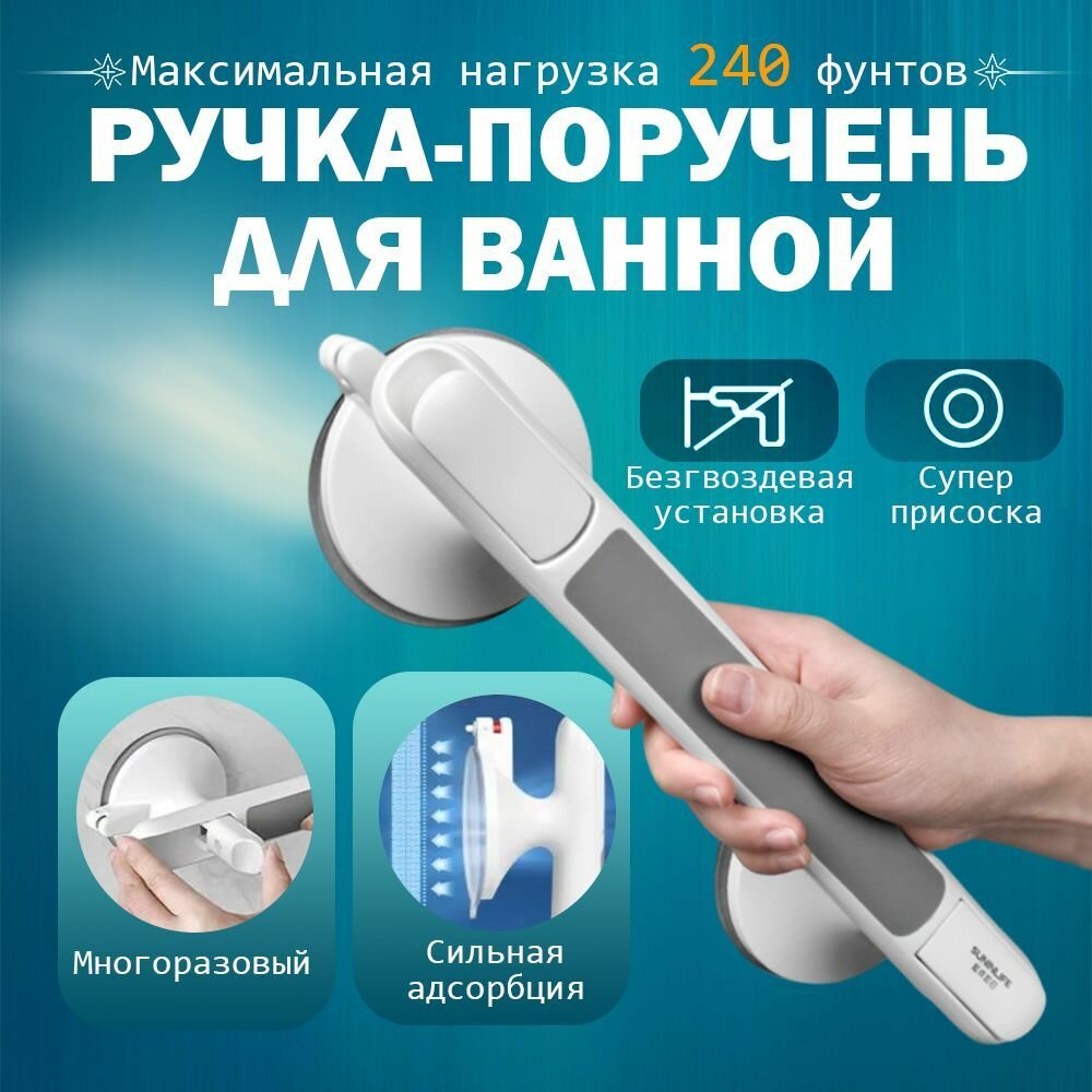 Ручки на вакуумных присосках для ванной и душа. Нескользящие поручни для пожилых людей, детей и беременных.