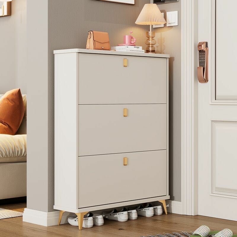 Узкая этажерка для обуви кремового цвета, высокая 118 см, открытое хранение, французский стиль, ДВП, большая вместимость, компактная обувница для прихожей