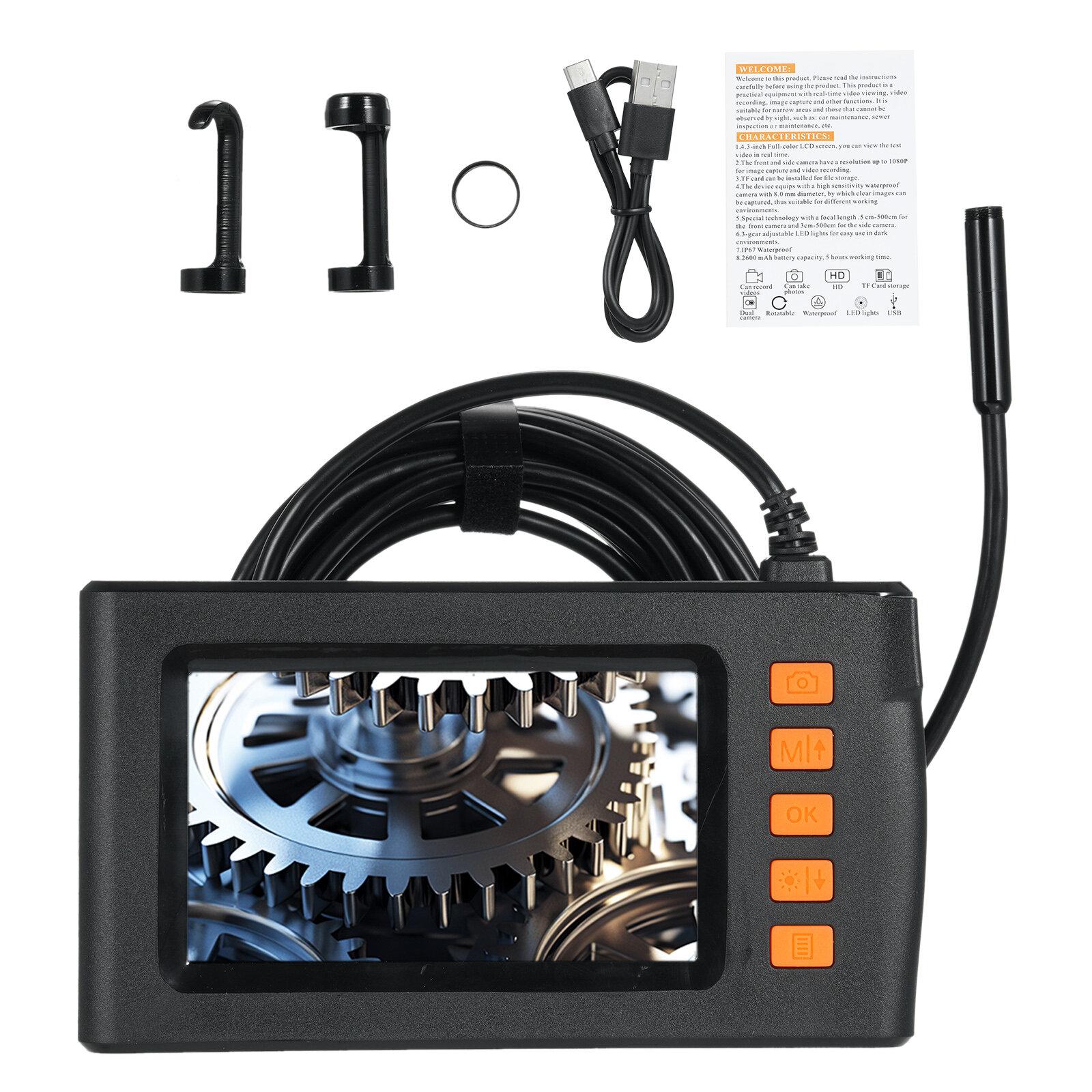 Эндоскоп-бороскоп с двумя линзами и подсветкой, разрешение 1080p, 4,3-дюймовый ЖК-экран, степень защиты IP67, водонепроницаемый, регулируемый светодиодный кабель, длина 6,5 футов.