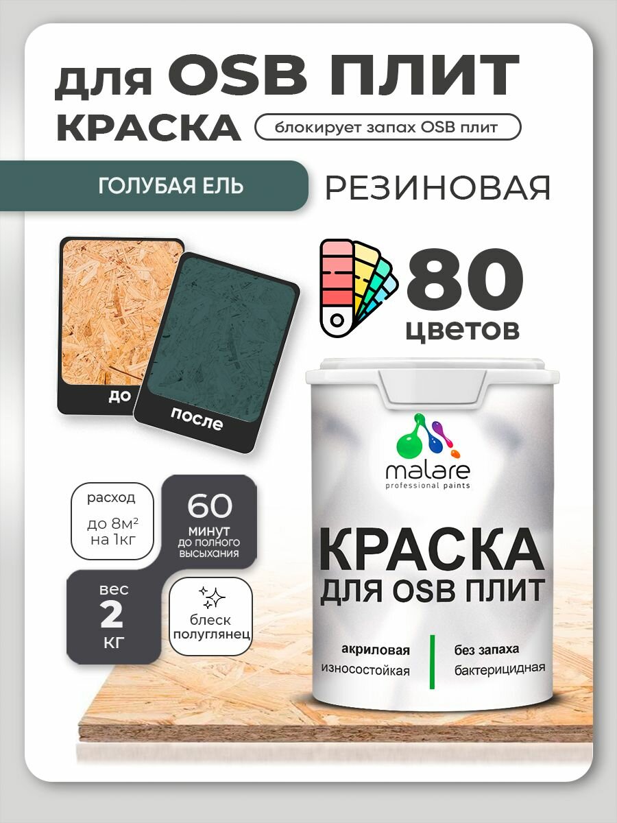 Резиновая краска для ОСБ плит Malare акриловая краска для дерева для наружных и внутренних работ, быстросохнущая без запаха полуглянцевая, голубая ель, 2 кг