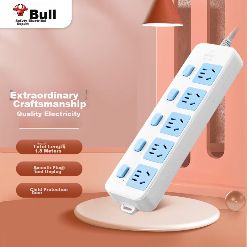 BULL GN-316 Power Strip/Extension Cord/Surge Protector, 5 Outlets with Individual Switches, 1.8 Meters Long