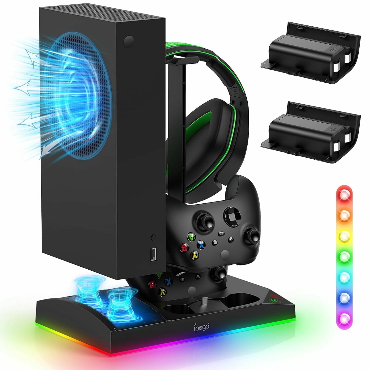 Для консоли Xbox Series S: охлаждающий вентилятор с RGB-подсветкой, двойное зарядное устройство и охлаждающая подставка, в комплект входят 15 осветительных аксессуаров и 2 гнезда для зарядки
