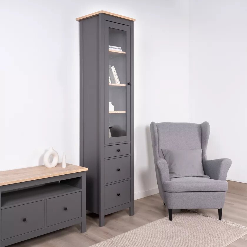 Шкаф витрина "Сага", сервант, серый ясень, 3 ящика, 3 полки, шариковые направляющие с доводчиком, 50 см х 41 см х 216 см