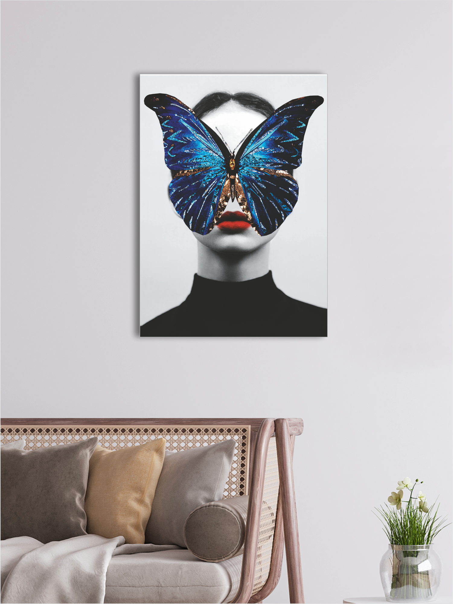 Картина для интерьера на стену портрет. Девушка с синей бабочкой 40х60 см на холсте на подрамнике