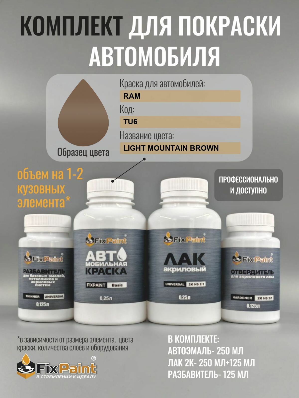Комплект для покраски RAM, код TU6, LIGHT MOUNTAIN BROWN, базовая автомобильная эмаль 250 мл, лак 2K 250 мл с отвердителем, разбавитель 125 мл, FixPaint Pro
