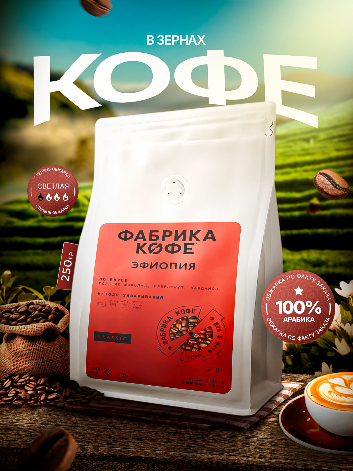 Кофе Фабрика Кофе "Бразилия/Эфиопия", арабика, 100%, светлая обжарка, 250 гр