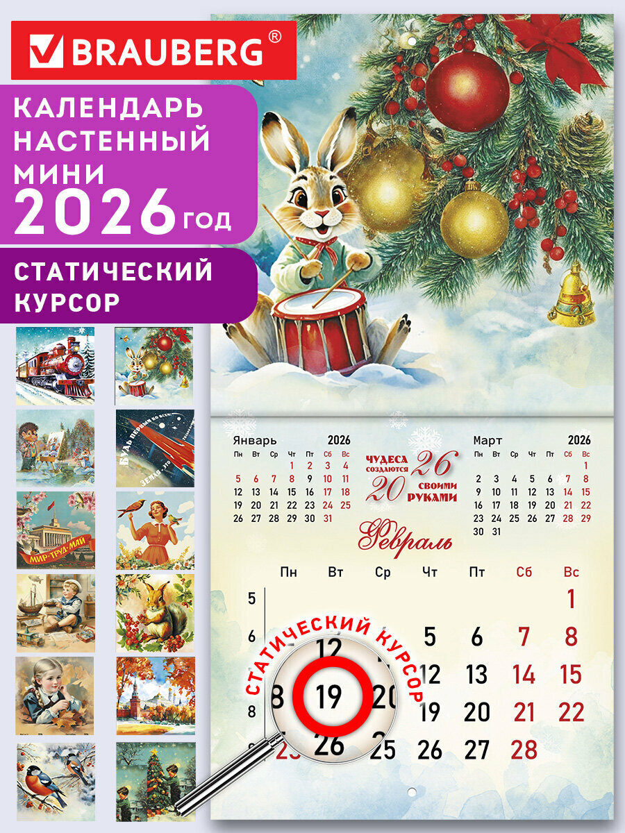 Календарь настенный на 2026 год перекидной мини, 12 листов, 21,4х21,4 см, Brauberg Советские открытки, 116946