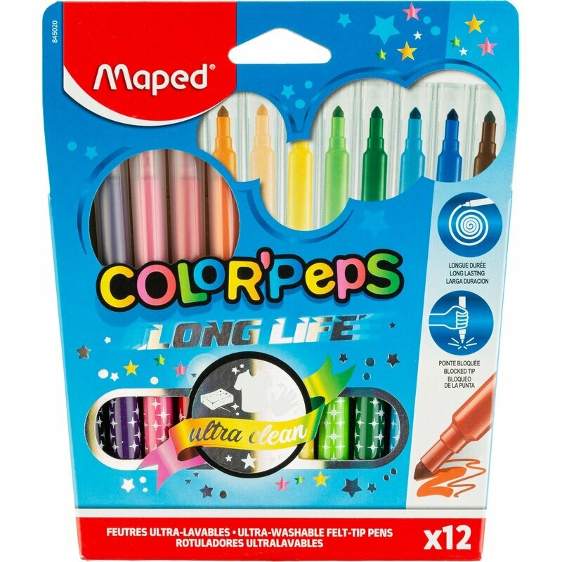 Фломастеры Maped COLOR'PEPS LONG LIFE,3хгр. пиш. узел, смываем,12цв/наб,845020