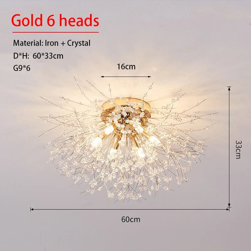 Скандинавская Хрустальная Люстра «Огненный Шар» - Потолочный Gold 6 heads, Neutral Light, 220V
