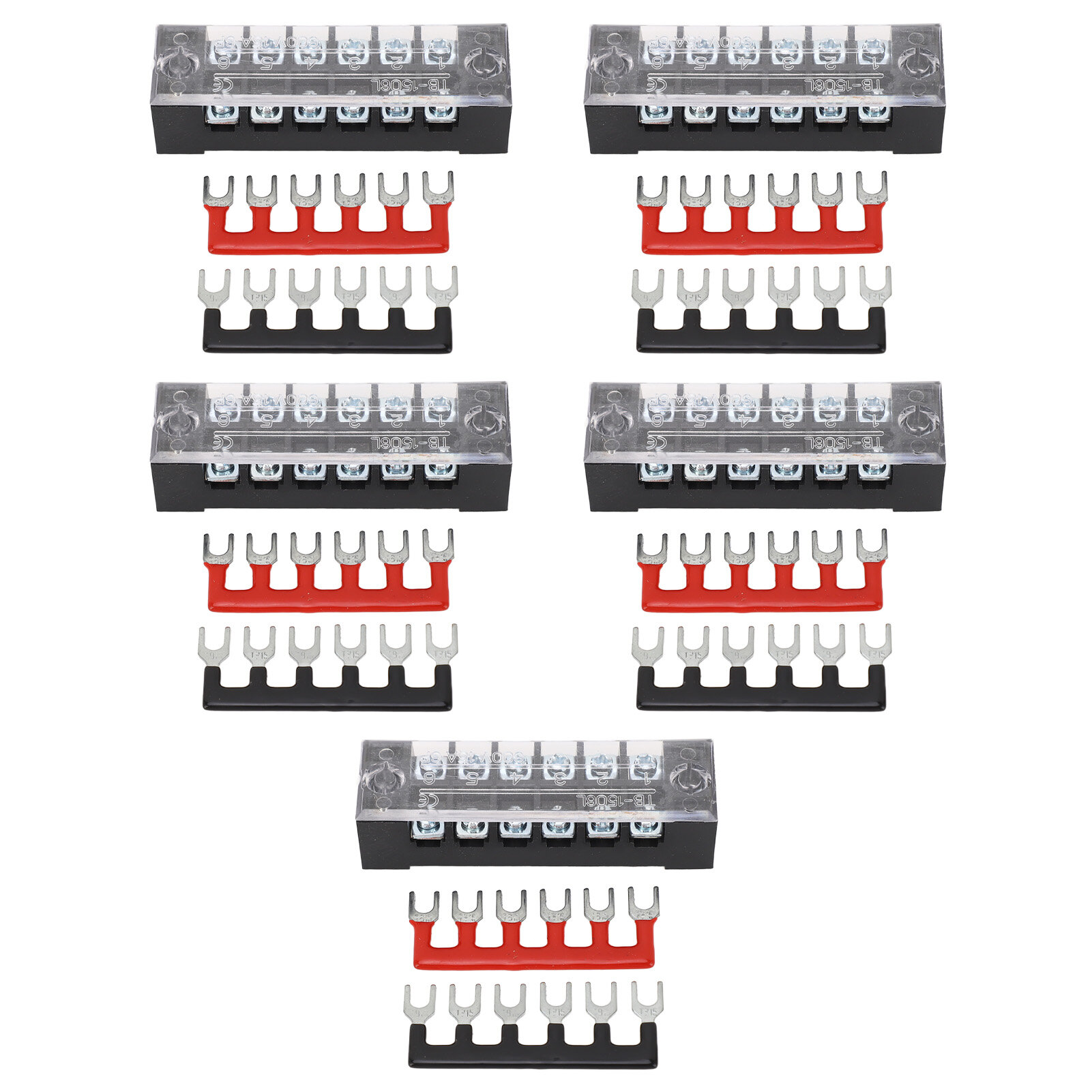 Комплектов 6-позиционных клеммных блоков с винтовым креплением M3 и короткими клеммными колодками для разъемов, 15 А, 600 В.