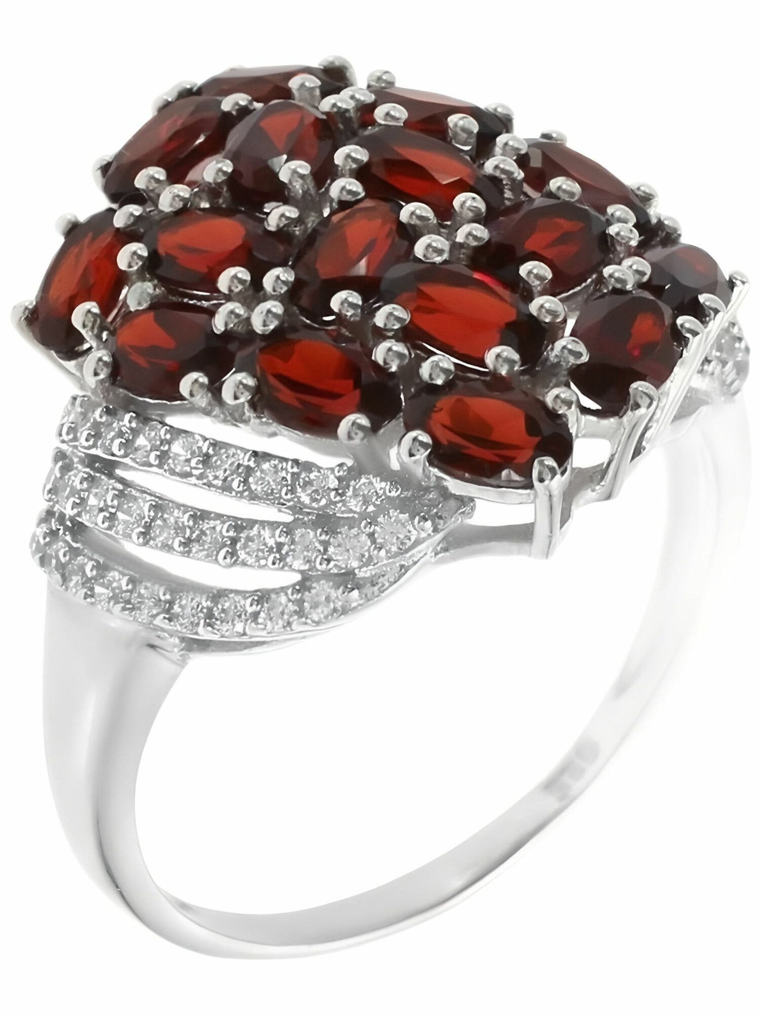 Кольцо тонкое, серебро, 925 проба, родирование, фианит, гранат