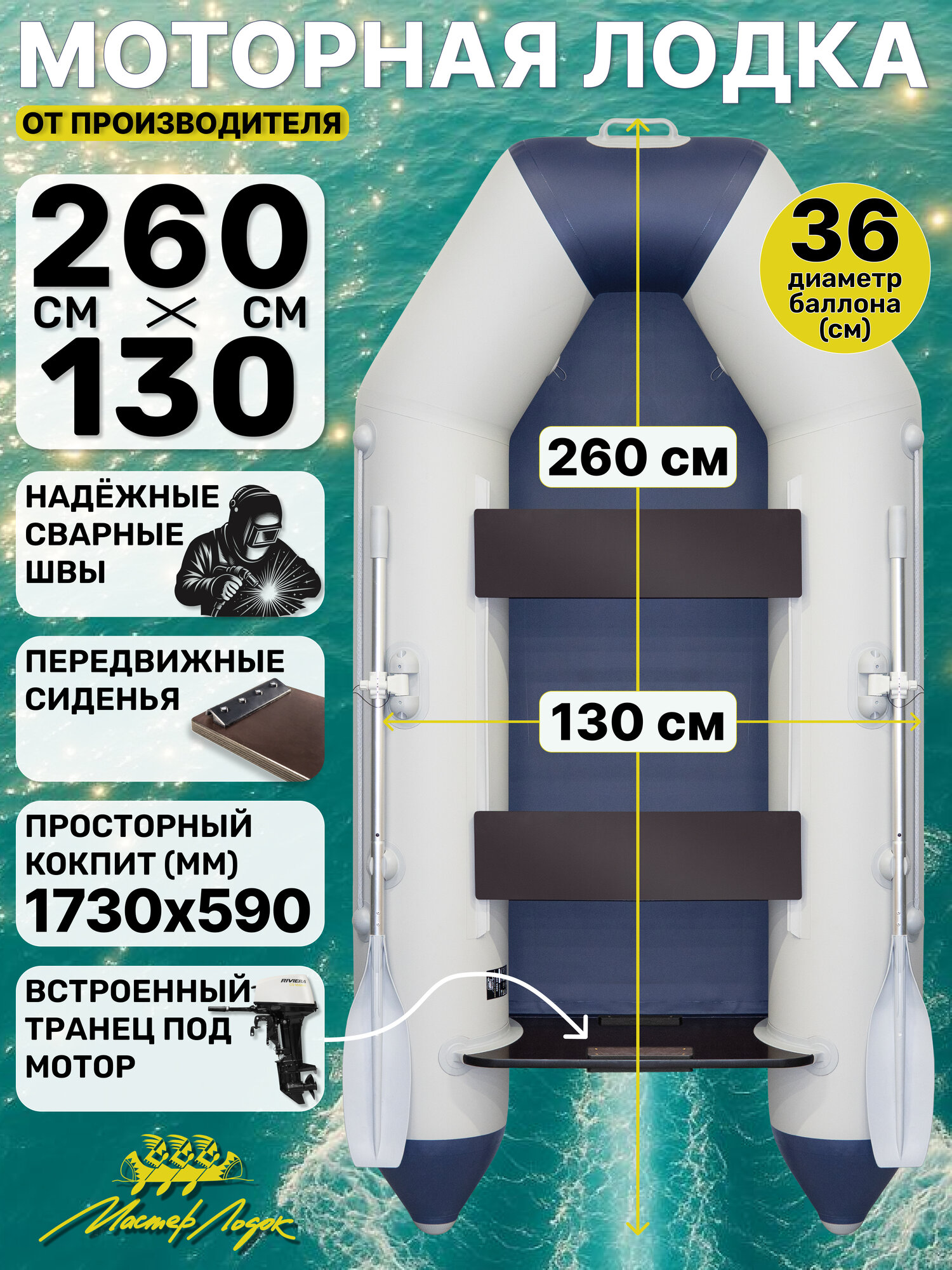 Лодка под мотор ПВХ надувная атлас 2600 светло-серый/синий Мастер Лодок
