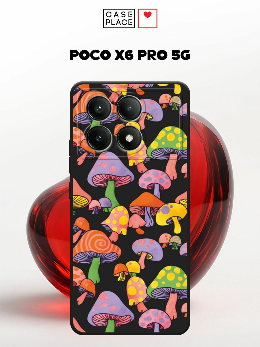 Черный матовый чехол на Xiaomi Poco X6 PRO 5G / Поко X6 Про 5G с принтом Цветные грибы