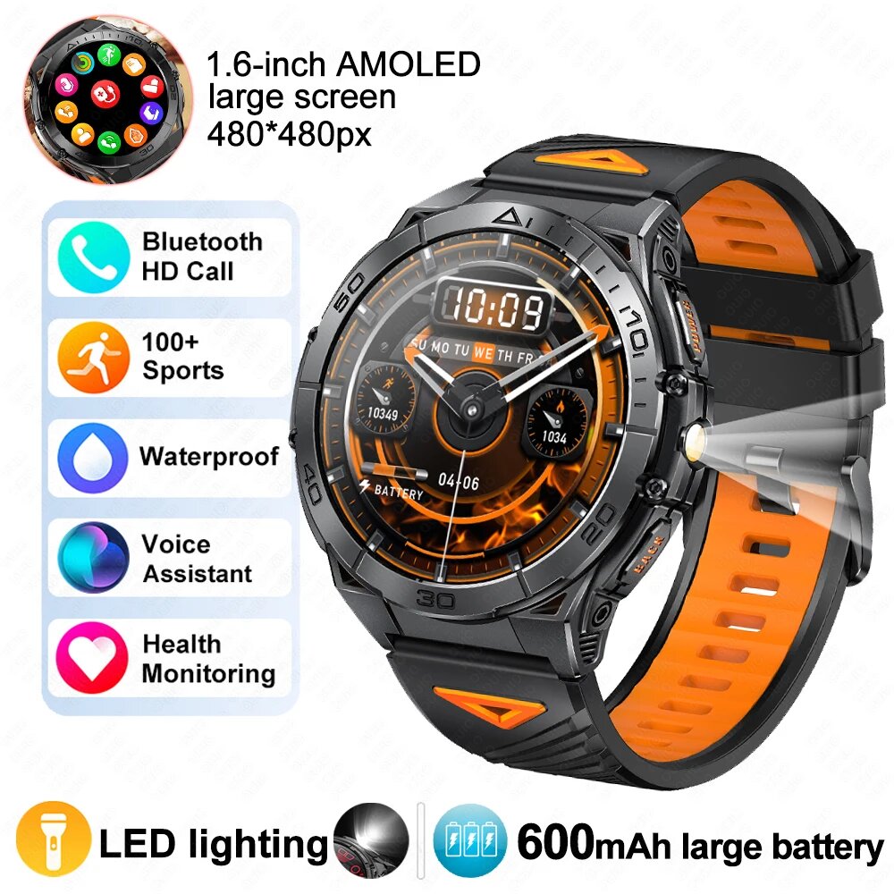 Metal Body Smart Watch Men 1.6-Inch AMOLED600MAH LED Flashlight AI Voice IP68 Waterproof 100+Sports Bluetooth Call Smart Watch