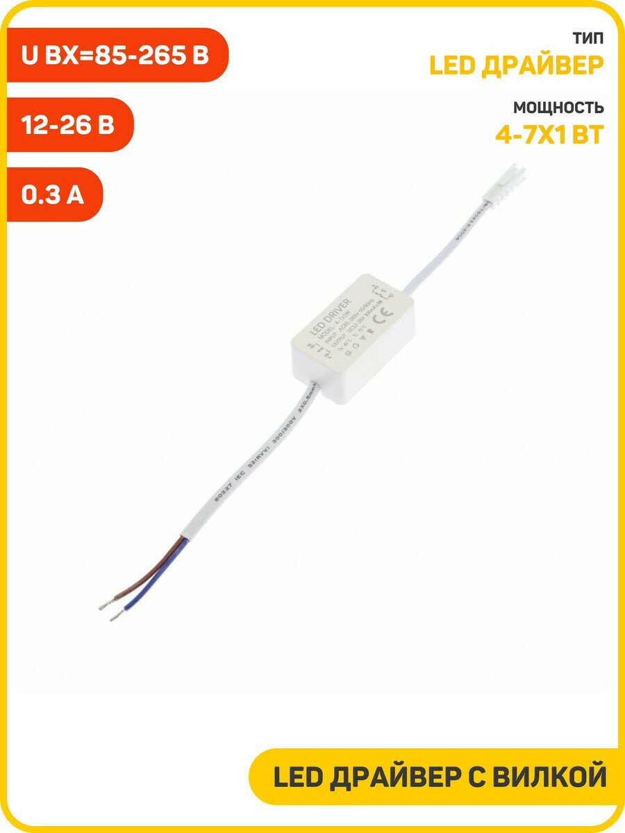 LED драйвер с быстросъемной вилкой в корпусе 4-7x1 Вт/12-26 В/0.3 А Uвх-85-265 В