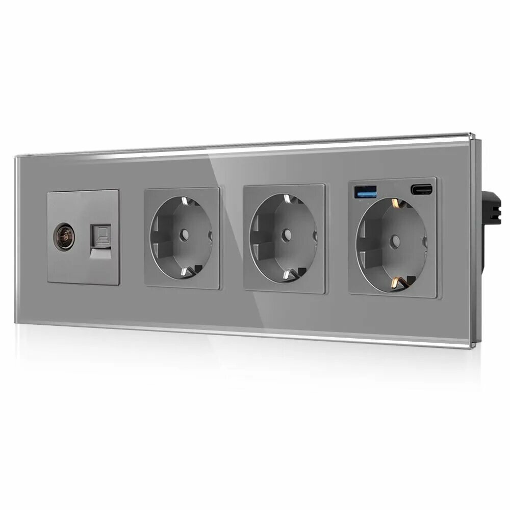 Pозетка на 4 столба с доступом в Интернет, CAT6, разъем USB A/TYPE-C, закаленное стекло, цвет Серый