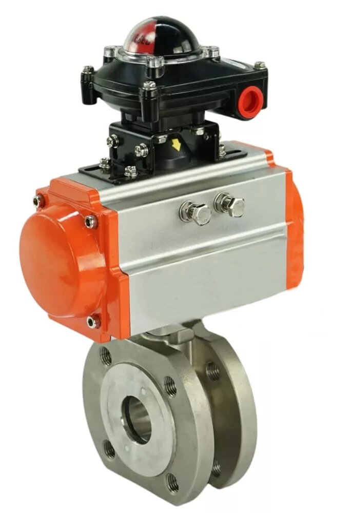 Кран шаровой DN.ru КШмФП 316.200 Ду40 Ру16 межфланцевый. полнопроходной. корпус - нержавеющая сталь SS316. уплотнение - PTFE. с пневмоприводом DN. ru DA-083 и БКВ LSB-510-02ExM12-250