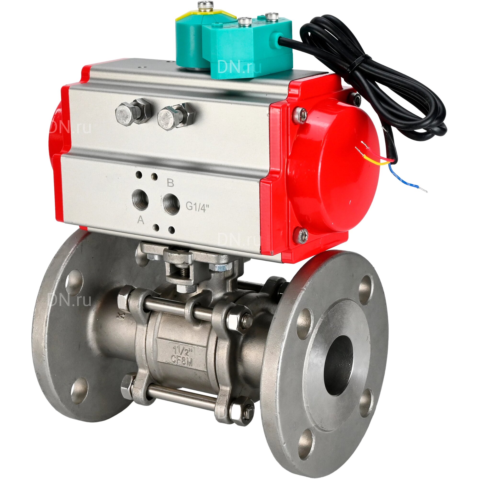 Кран шаровой DN.ru кшфпт.316.180 Ду40 Ру40 полнопроходной, фланцевый, корпус - нержавеющая сталь 316, уплотнение - PTFE, с пневмоприводом DA-065 и магнитным переключателем МППП-200