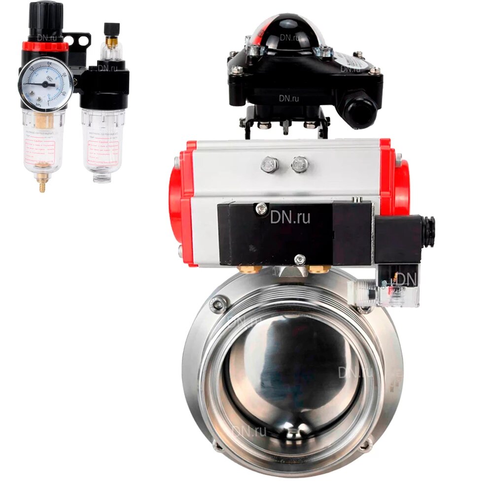 Затвор дисковый поворотный DN. ru 304-304-EPDM-2W-T-H Ду65 Ру10 пищевая нержавеющая сталь 304, уплотнение - EPDM, с пневмоприводом SA-083, пневмораспределителем PND2-S1EM-52-1NC-J08-220VAC, БКВ LSB-210-02NM12-220/24 и БПВ APU1-10-40-V08