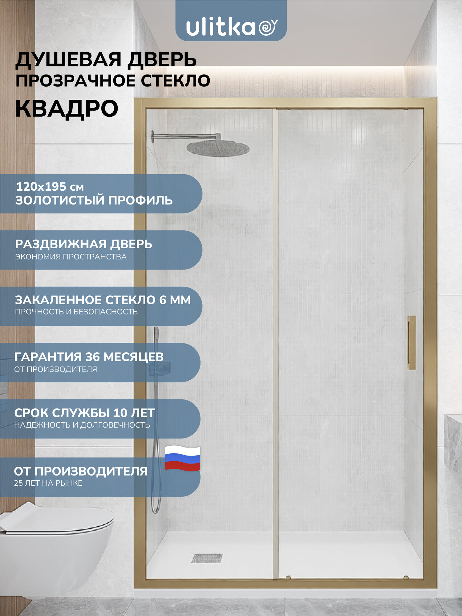 Душевая дверь в нишу 120х195 см. Квадро стекло прозрачное, профиль матовое золото