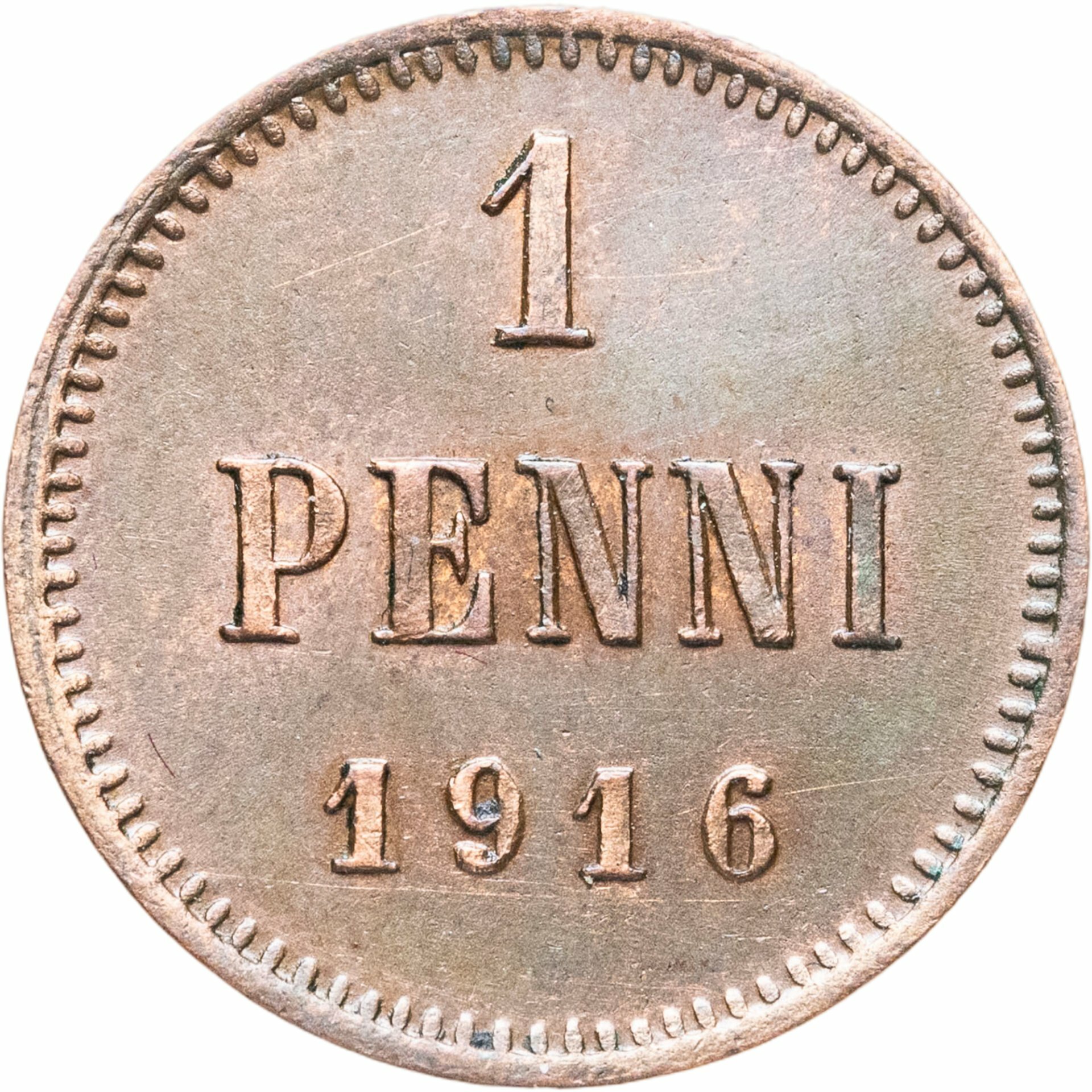 1 пенни penni 1916 Российская Финляндия, Медь, в сохранности XF