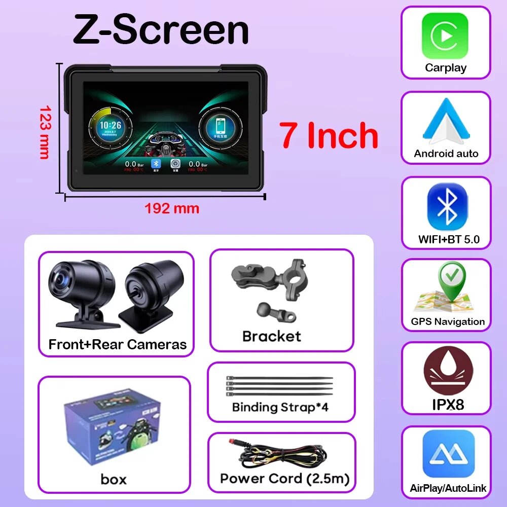 7-дюймовый мотоциклетный навигационный экран, беспроводной CarPlay Android Auto, 7 In Screen-DVR