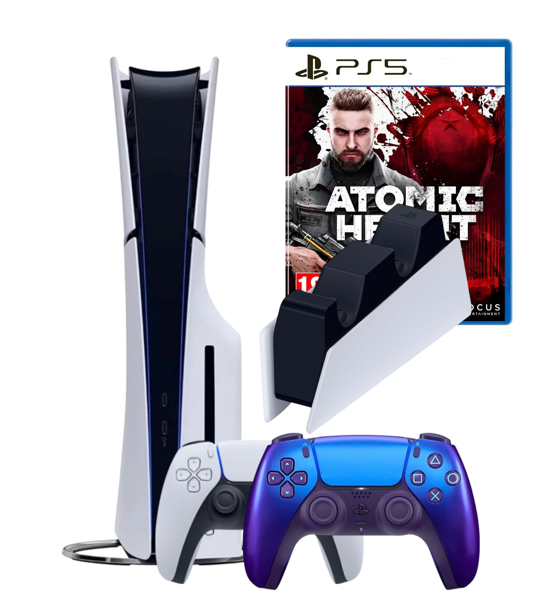 Игровая приставка PlayStation 5 Slim + 2й геймпад синий хром + игра Atomic Heart + станция зарядки