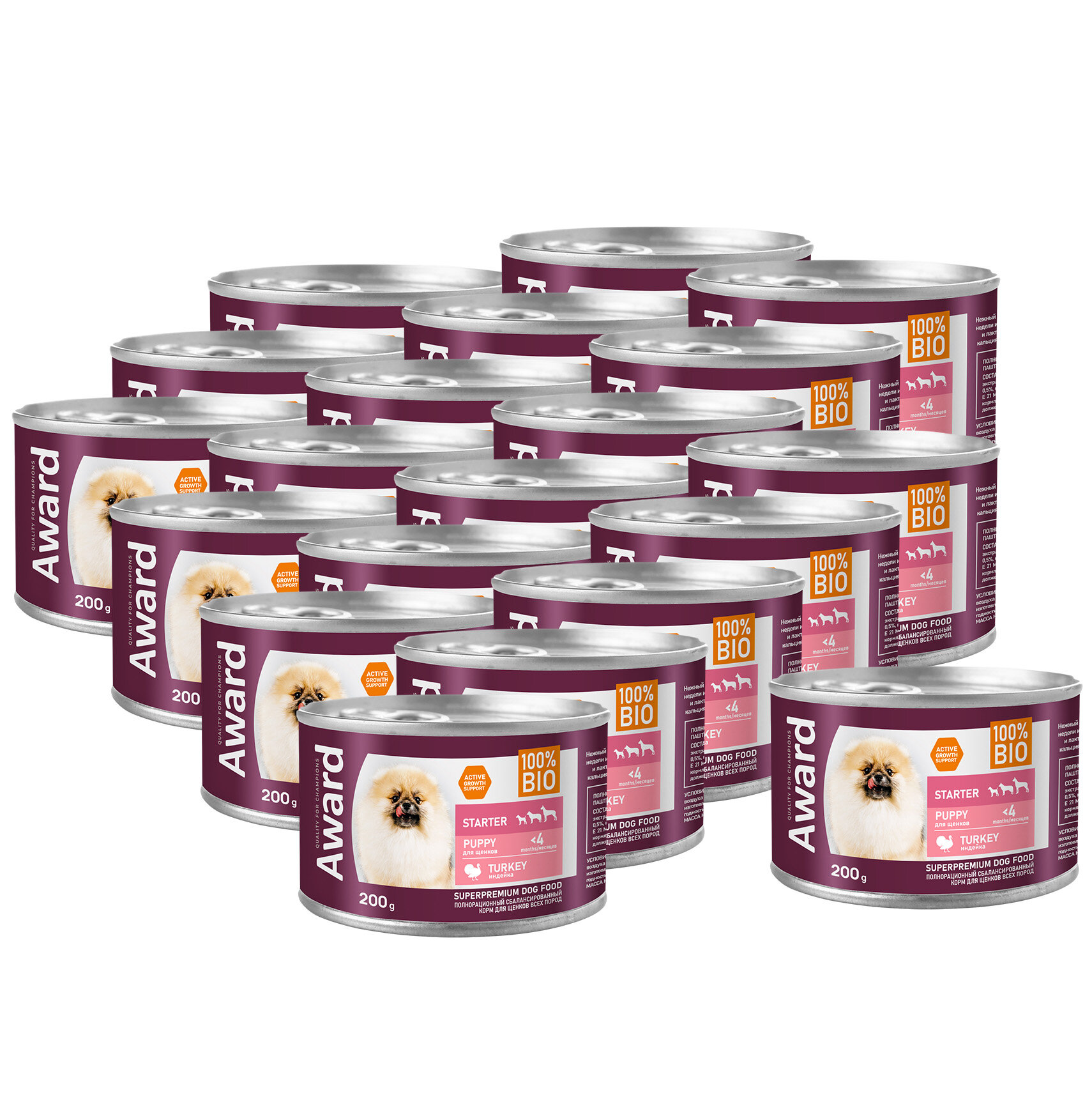 Влажный корм AWARD для щенков с начала прикорма до 4 месяцев, беременных и кормящих сук паштет из индейки 200г х 20 шт.