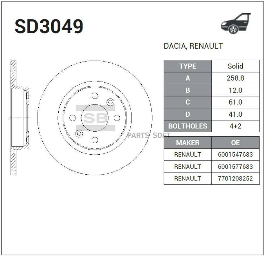 SANGSIN BRAKE SD3049 Диск тормозной передний RENAULT LOGAN 1,4-1,6 04-> SANGSIN BRAKE SD3049