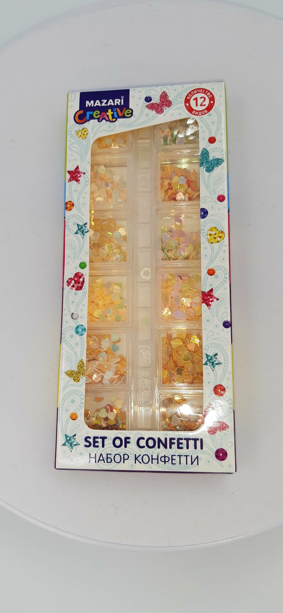 Конфетти для творчества Сердечки в пластиковом боксе с 12 отсеками