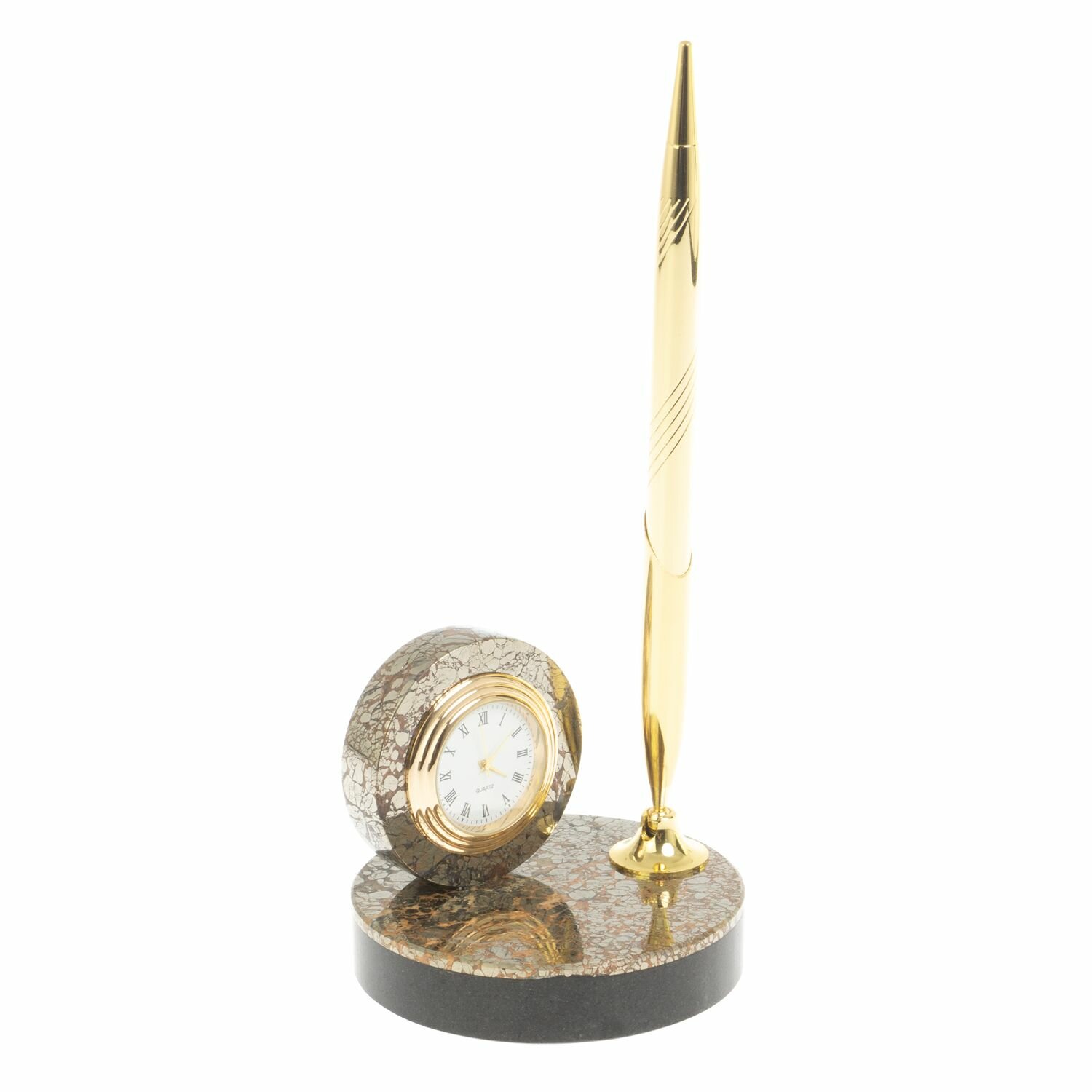 Подставка под ручку с часами "Сияние" из пирита 8,5х8,5х21 см 127226