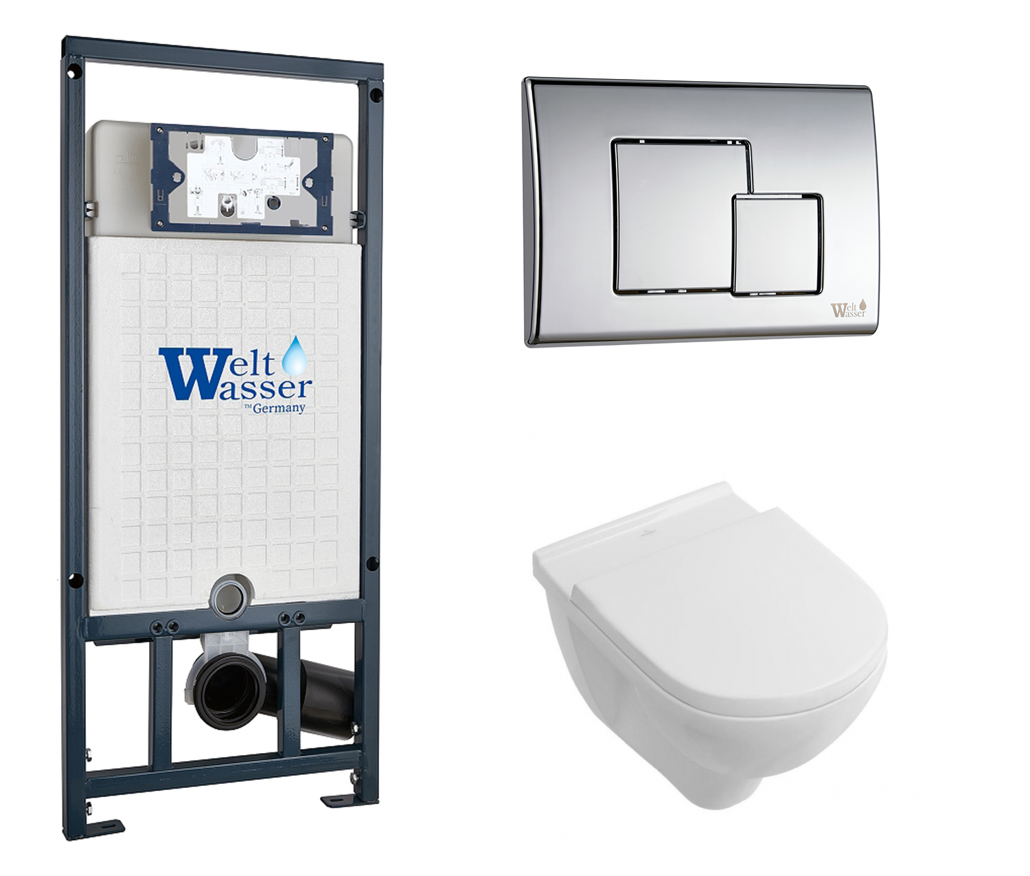 Комплект 3 в 1 инсталляция WeltWasser WW Marberg 507 + Унитаз подвесной Villeroy & Boch O Novo Directflush с кнопкой хром SE 10000005949 + 10000005953 + 5660HR01