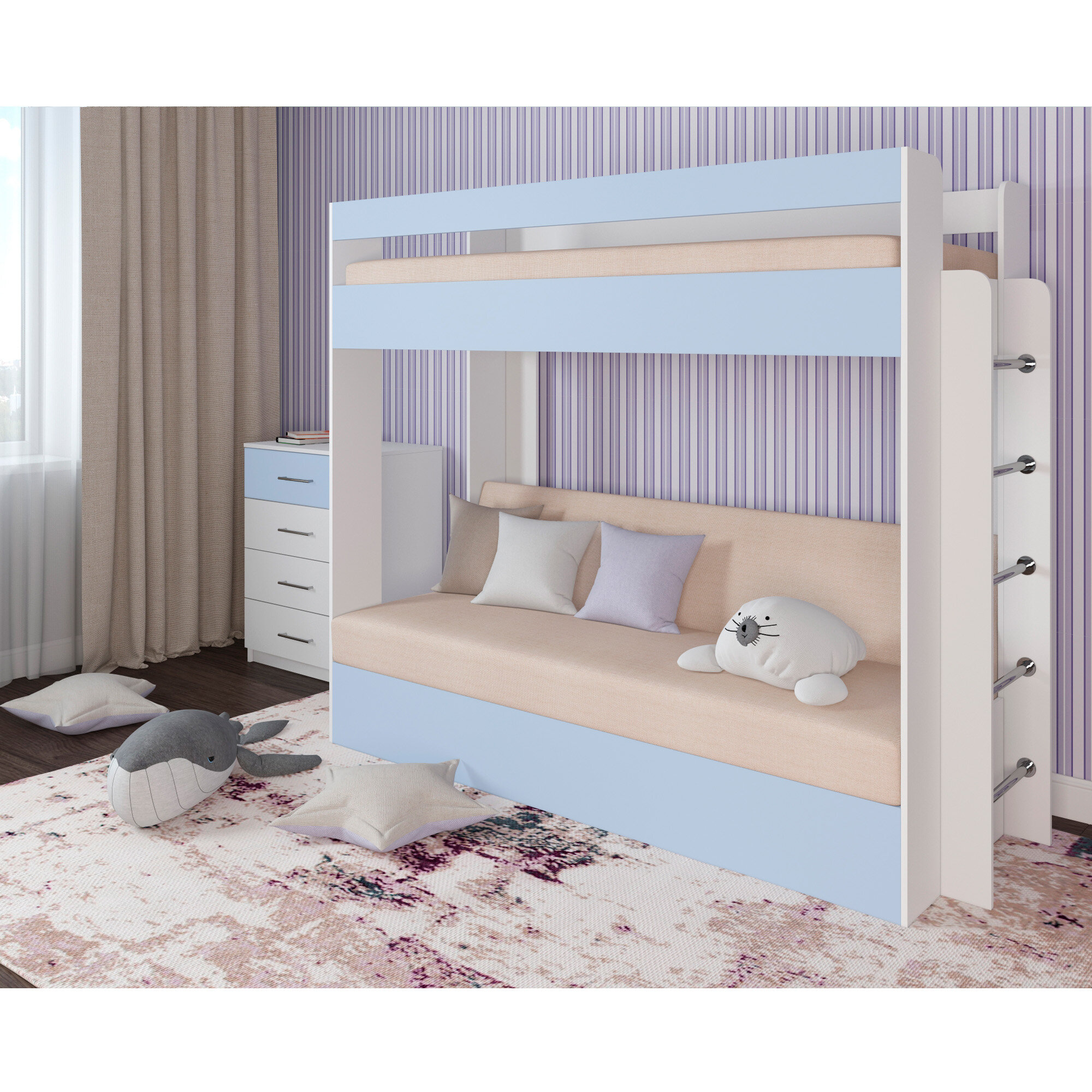 Кровать двухъярусная с диваном Есэндвич new Лаворо (Белый/Серенити/Savana Plus Ivory)