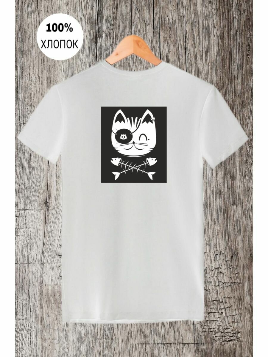 Футболка пиратский кот флаг скелеты рыб