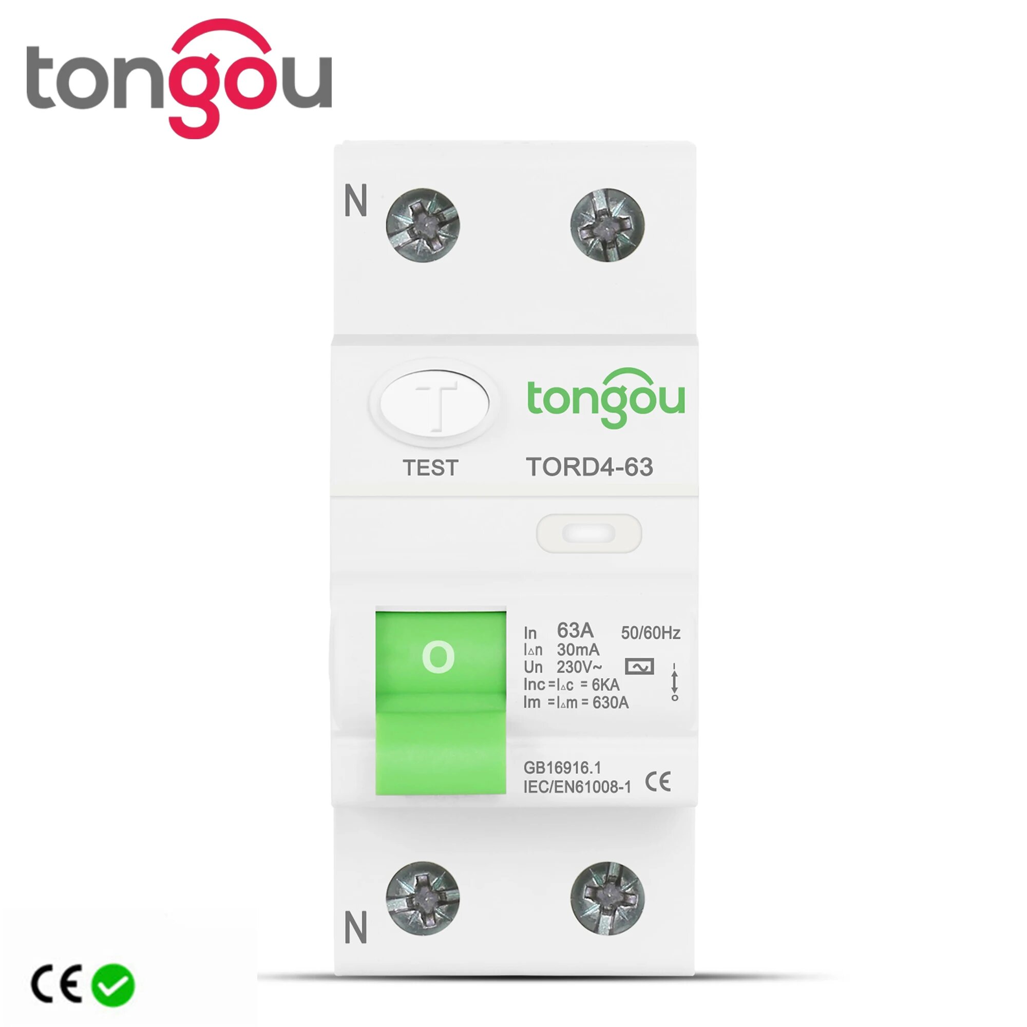 Дифференциальный выключатель TONGOU RD4-63 10mA/30mA/100mA/300mA 2 Pole 30 mA, 25А
