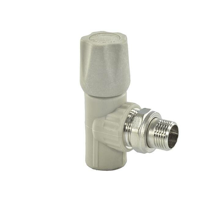 Клапан (вентиль) PP-R запорный серый Дн 20х1/2" Ру25 НР угловой для радиатора VALFEX 1014720012Г