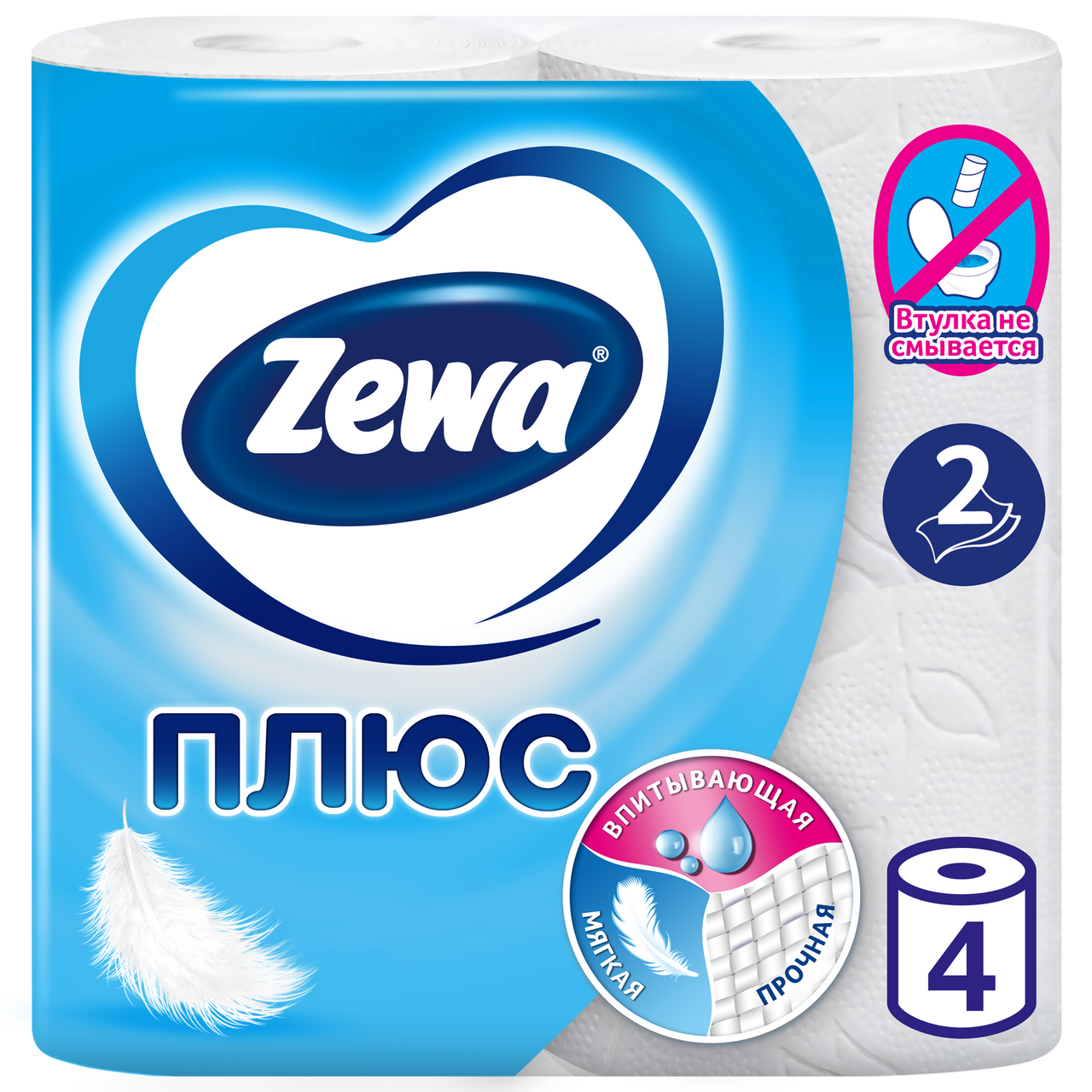 Туалетная бумага Zewa Плюс белая 2-слойная, 4 рулона