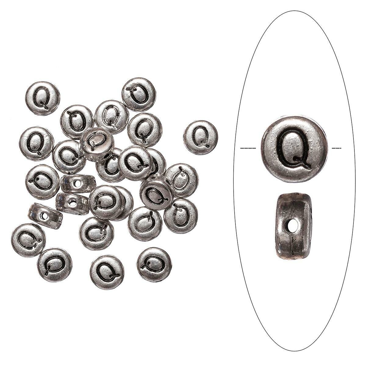 Бусина металлическая, 7х4мм, буква Q, базовый материал - цинковый сплав, серебристая с чернением, 10 шт.