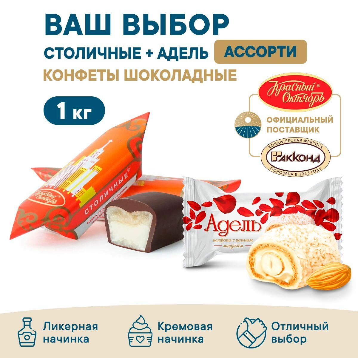 Конфеты "Столичные + Адель", ассорти, шоколадные, с ликером и миндалем, 1 кг