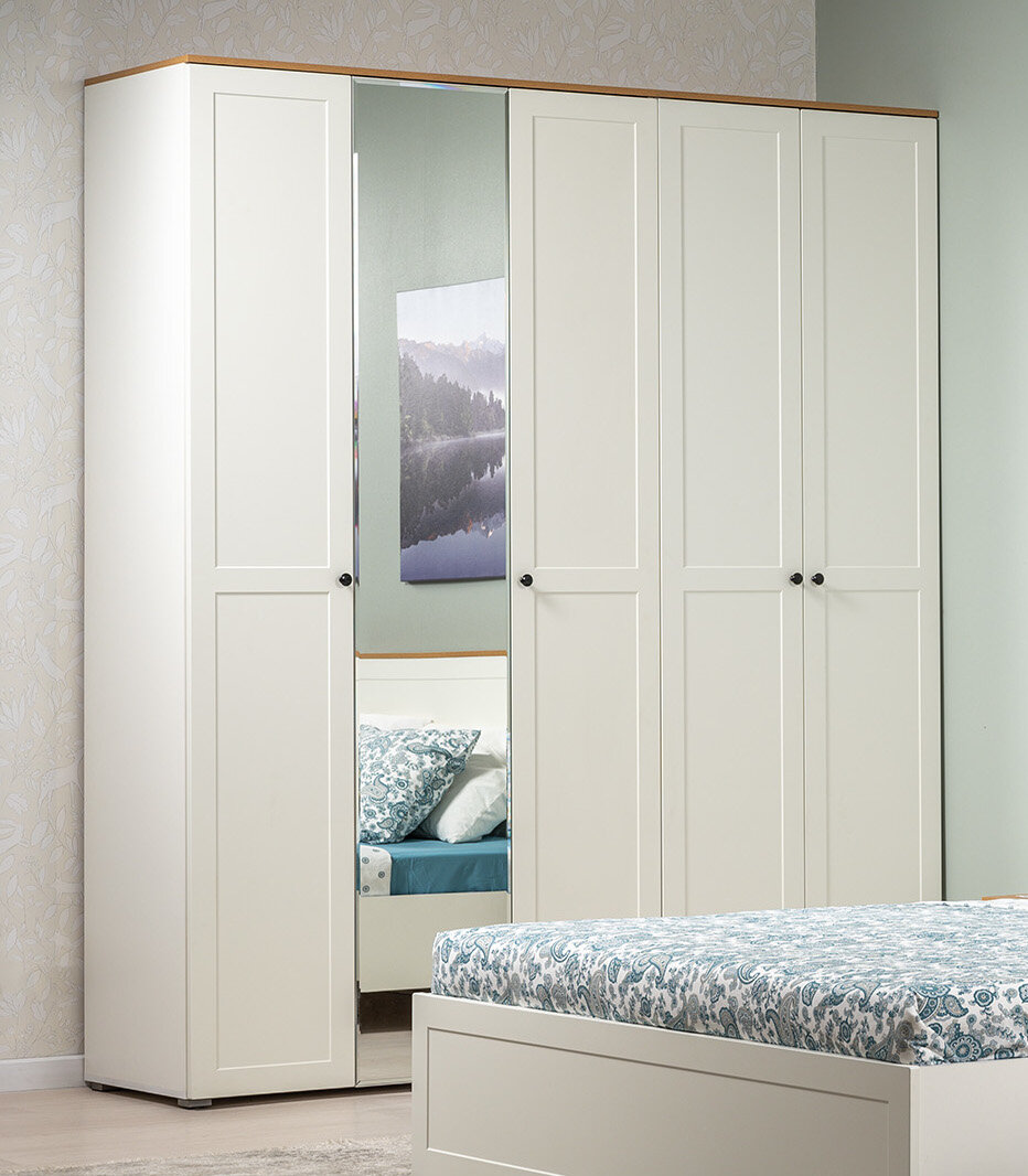 Шкаф Моби Остин (13.336.02 + 13.336.03) с зеркалом цвет белый шагрень/дуб крафт золотой, ШхГхВ 200х54,6х229,8 см.