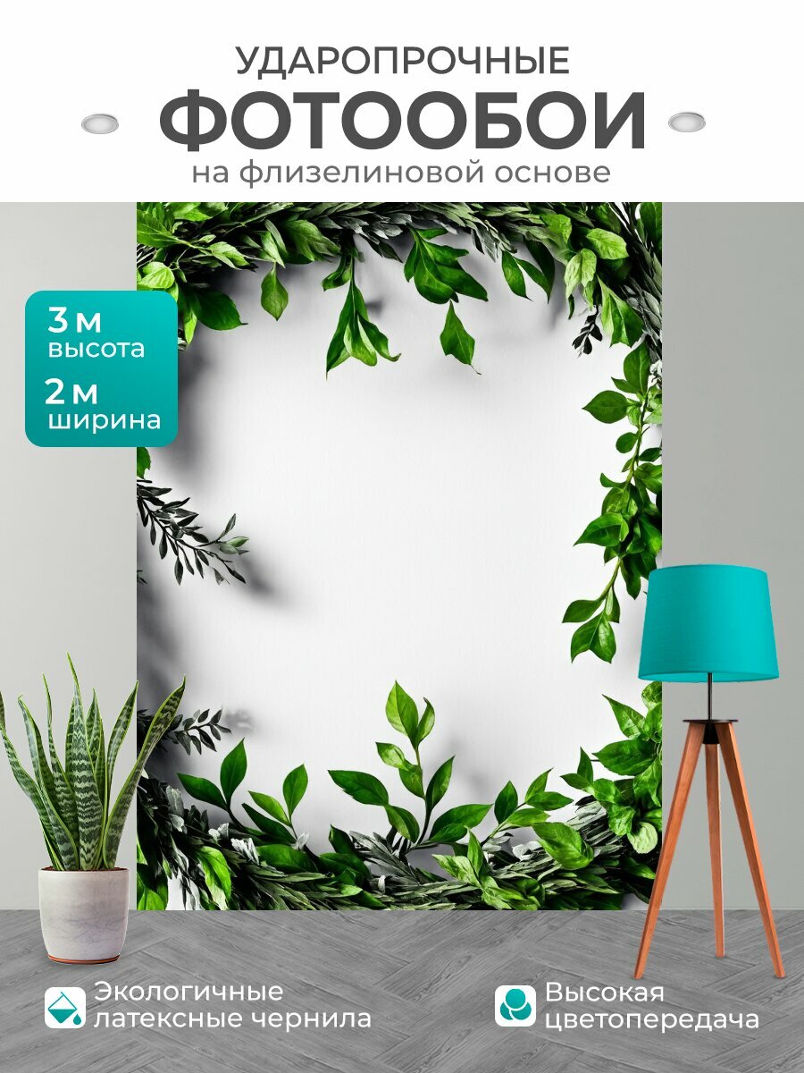 Фотообои моющиеся ударопрочные "Зеленые в стиле черно-белый, с венками из зелени, обрамляющими старинные фотографии" 200x300 см. флизелиновые на стену