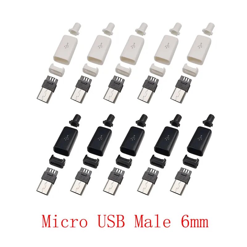 Micro USB Male 6mm, белый/черный, 10 шт