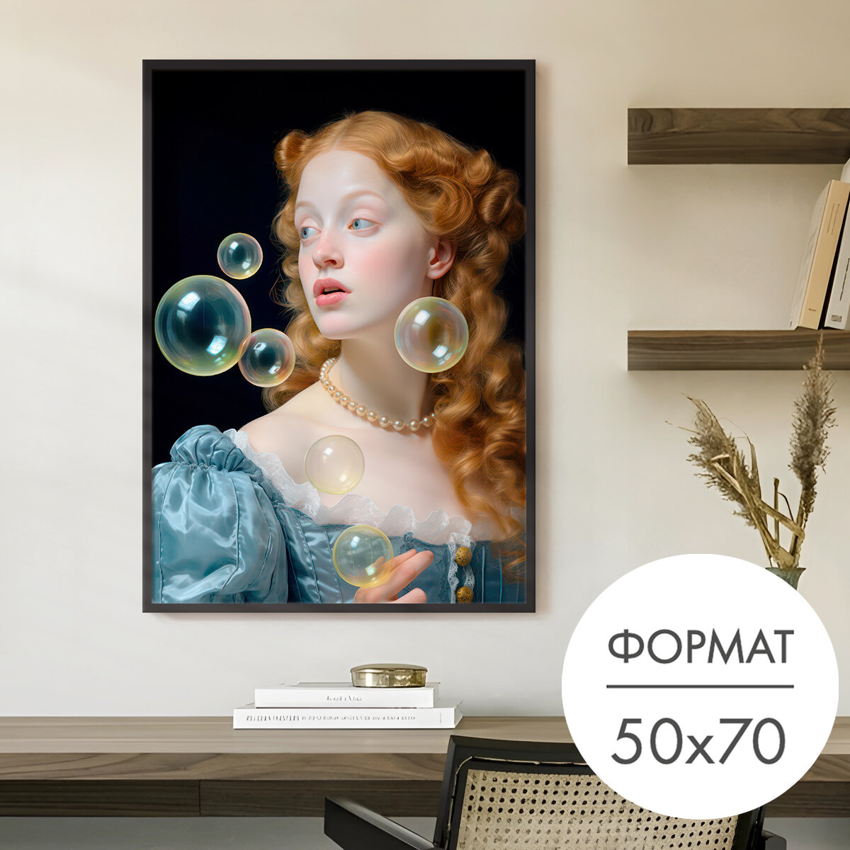 Постер "Девушка с мыльными пузырями" 50x70 без рамки на стену для интерьера