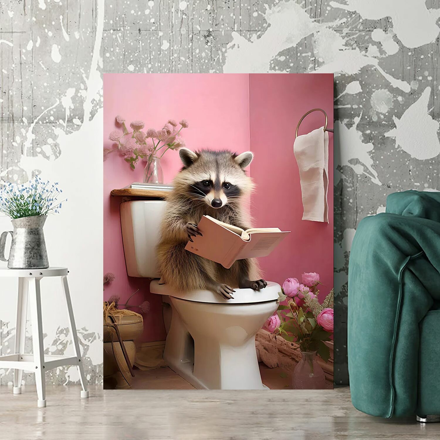 Картина в туалет, ванную комнату Енот читает газету, 20х30 см.
