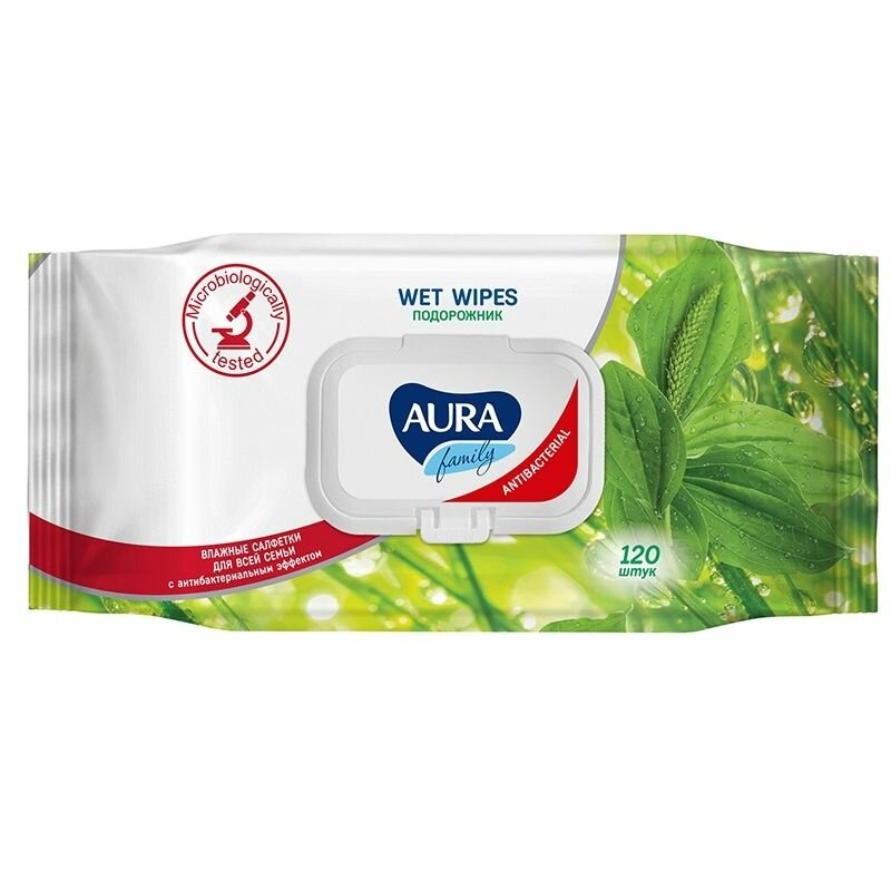 Салфетки влажные Aura Family, антибактериальные, 120 шт, с крышкой