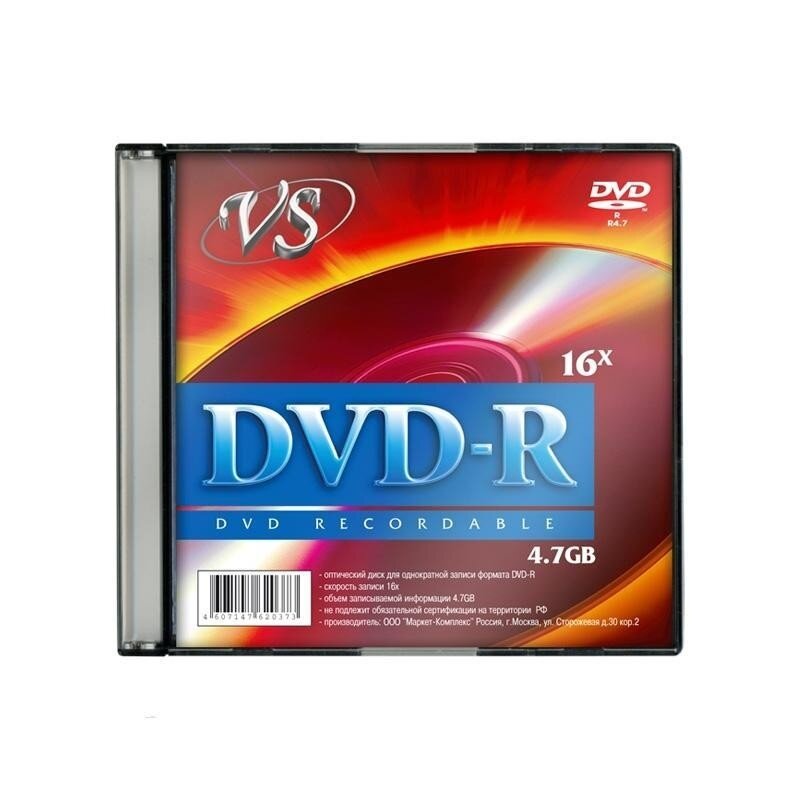 Компакт диск VS DVD-R, скорость записи 16x, 4,7 гб, 5 шт (VSDVDRSL501)