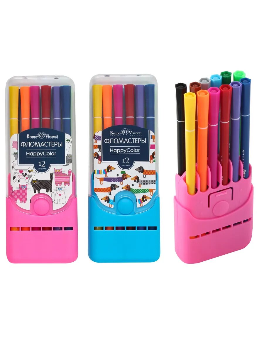 Фломастеры Bruno Visconti HappyColor, 12 смываемых цветов, круглый корпус, конический наконечник