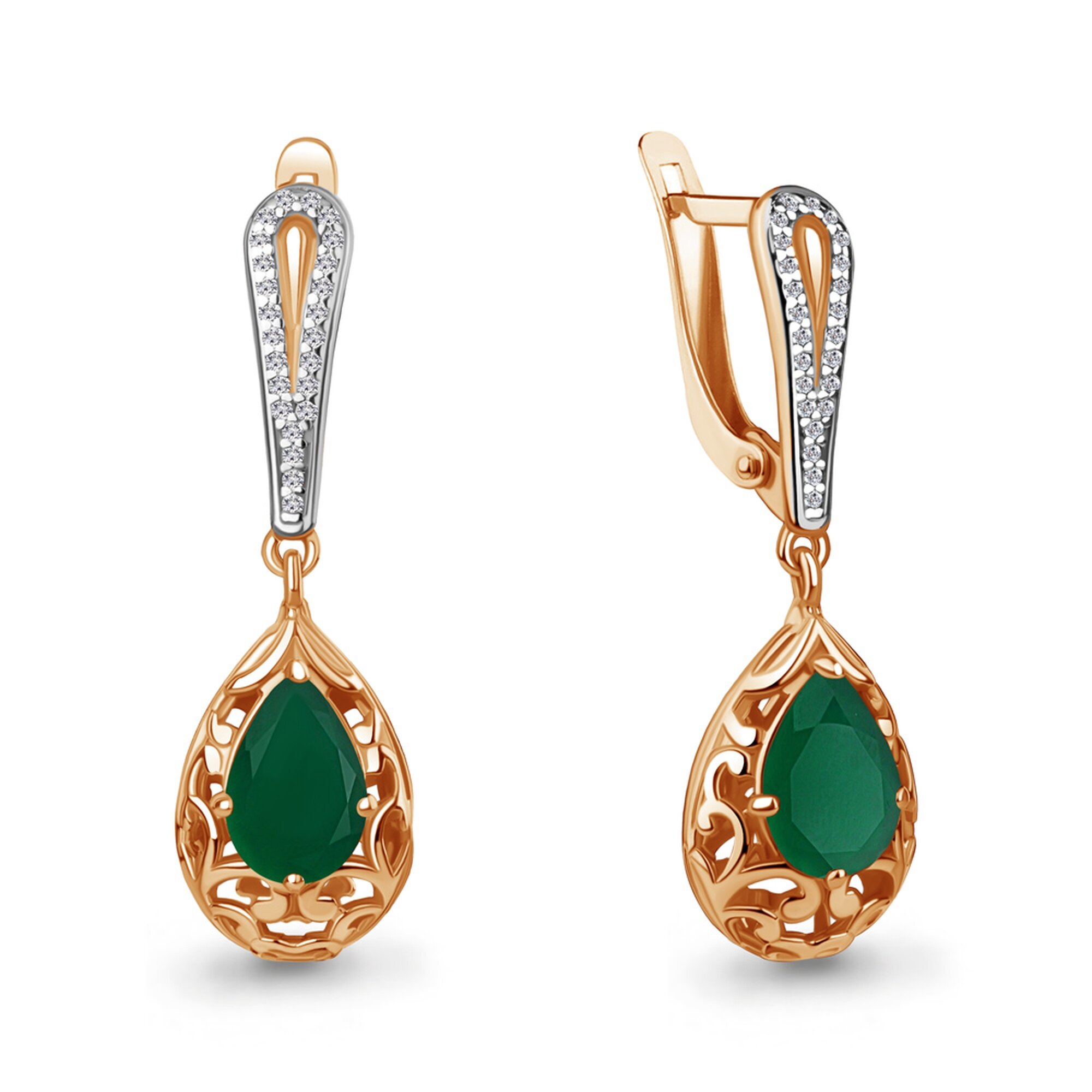 Серьги, серебро, 925 проба, золочение, агат, фианит