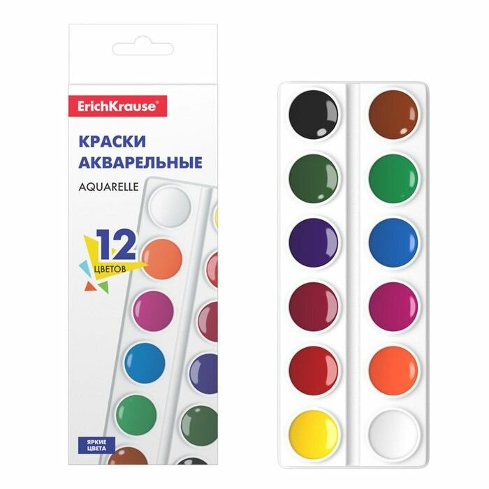 Акварель Erich Krause 12 цветов, в мягком пластике, картон с европодвесом.