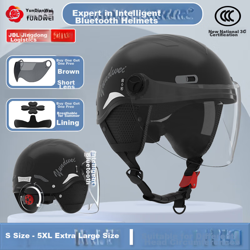 Yundianwei Large Size Extra-Large Smart Bluetooth Helmet for Men, Electric Vehicle Special Large Head Circumference 3C Certified Women Half Helmet Black [Smart Bluetooth Model] XXXXL Extra-Large Size